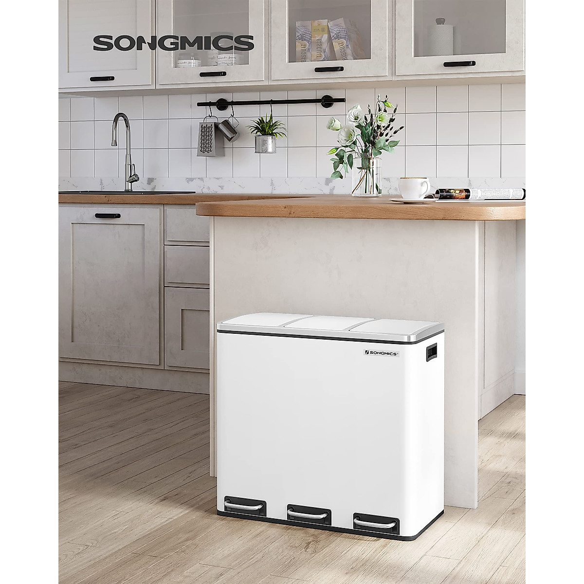 SONGMICS Trash Can, 3 x 4.8 Gallon Garbage Can, 14.4 Gallon Recycle Bin with Soft-Close Lids, Pedals, and Inner Buckets for Kitchen, Stainless Steel, White ULTB154W01