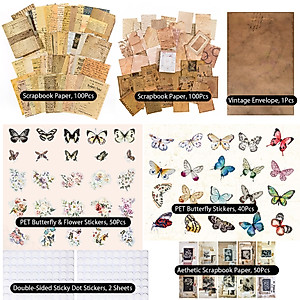 JUSFURLIFE Scrapbooking Supplies Kit, Vintage Scrapbook Kit for Journaling Supplies, Scrapbook Papers, Butterfly & Flower Stickers, Junk Journal Supplies for Beginners with Scrapbook Materials