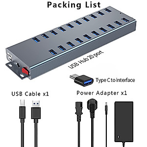 Royata Powered USB Hub Industrial Grade USB 2.0 Hub 20 Port 12V/10 Power Support Charger Data Sync and Charging Station with Separate On/Off Switch and Light for Laptops, PCs,etc.