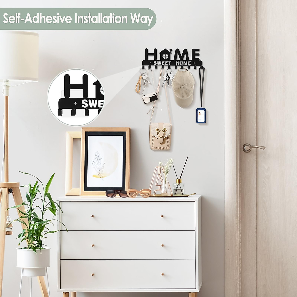 RELBRO Key Holder Wall Mount, Black Metal Key Hanger Wall Decorative Key Rack Organizer Self Adhesive Keychain Holder with 10 Key Hooks for Entryway Doorway Hallway Garage 2 Installation Ways