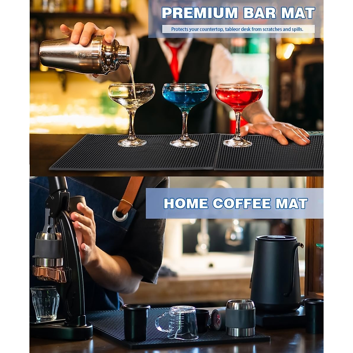 Bar Mat 4Pack IMIYOKU 0.4" Thick Durable Bar Mat for Spills Service Mat for Coffee Bars Restaurants and Counter Top Dish Drying Mat Glass Drying Mat (Black 1PC/18" x 12" +1PCS/23" x 3" +2PC/12" x 6")