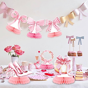 9 PCS Pink Bow Honeycomb Centerpieces Party Decorations, Coquette Birthday Decorations Girl Bow Theme Party Decor Pink Bow Table Decor for Girl Bachelorette Baby Shower Bridal Shower Party Supplies