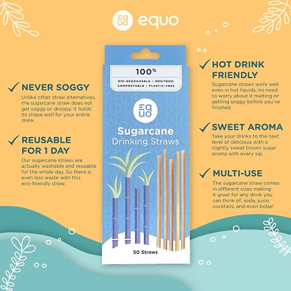 EQUO Sugarcane Straws, Disposable, Biodegradable, Compostable, and Plastic-Free Drinking Straws, Pack of 50, Standard