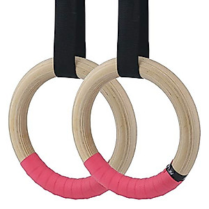 Sunnyglade 2Pcs Wood Gymnastics Rings with 16FT Long Adjustable Straps & 4Pcs Non-Slip Hand Tapes Exercise Training Rings for Home/Gym Full Body Strength Training