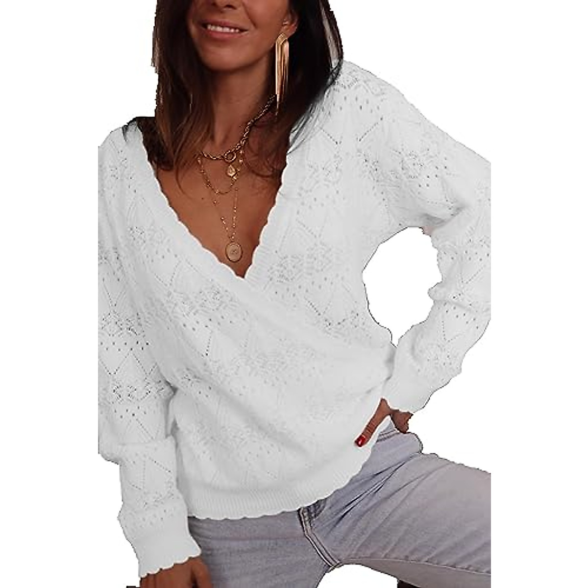Dokotoo Womens Tops Sweaters Ladies V Neck Pullover Stylish Casual 2023 Fall Winter Long Sleeve Oversized Lightweight Comfy Cable Knit Pullover Cropped White
