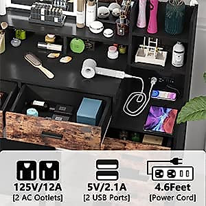PakaLife Makeup Vanity Desk with Lighted Mirror & Power Strip, 45.59" Vanity Desk with Tri-fold Makeup Mirror, 3 Lighting Colors&Brightness Adjustable, White Vanity (Black&Brown)