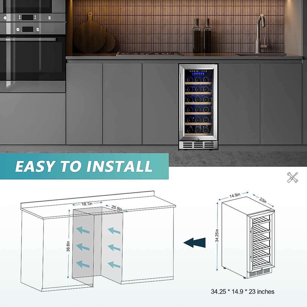 EUHOMY 15 Inch Under-counter Refrigerators, Single Zone Wine Fridge, Wine Refrigerator Digital Temperature Control, Freestanding Wine Chiller with Removable Shelves
