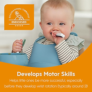 NumNum Baby Spoons Set, Silicone Pre-Spoon GOOtensils for Kids Aged 6+ Months - First Stage, Baby Led Weaning (BLW), Teething Spoon - Travel Case + 2 Spoons, Beige/Glacier Green