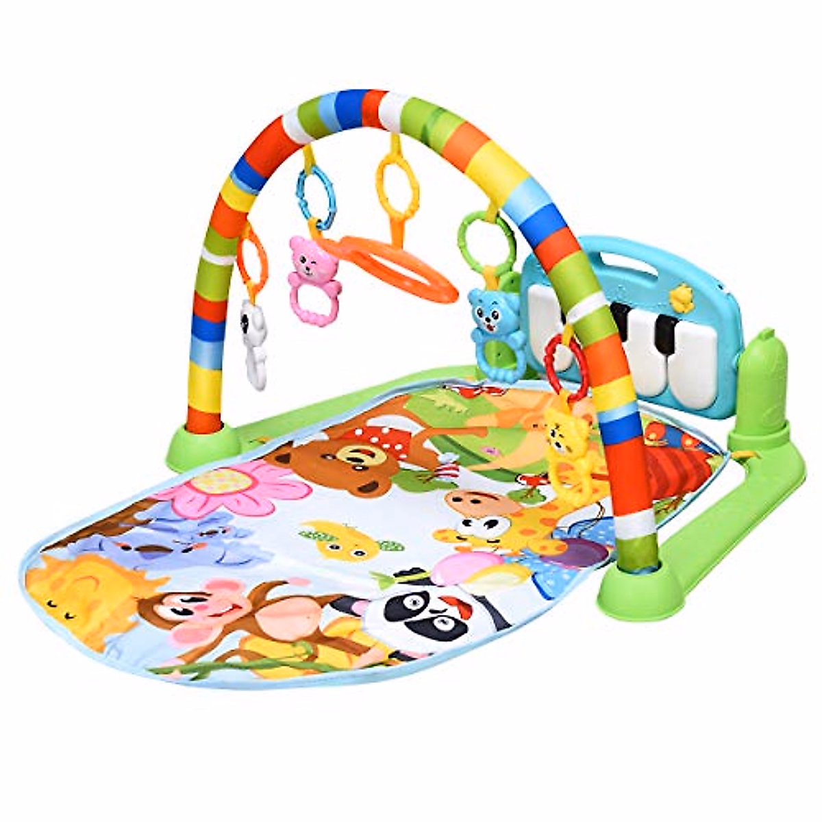 BABY JOY Baby Play Mat, Kick and Play Gym with Detachable Piano, Foot Gym Carpet Piano Fitness Rack, 4 Rattle Pendants and 1 Mirror, Ideal for Baby Room (Rainbow)