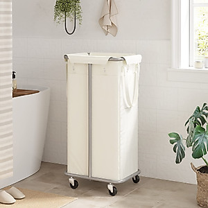 WOWLIVE 100L Rolling Laundry Hamper with Wheels Large Laundry Basket Organizer Laundry Cart with Steel Frame and Removable Bag Foldable Tall Dirty Clothes Hamper Dorm Room Storage for Bedroom (Beige)