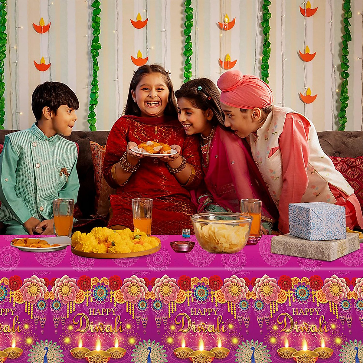 LARRAZABAL Diwali Tablecloths, Happy Diwali Table Covers for Indian Deepavali Festival of Lights, Rectangular Diwali Plastic Tablecloths Party Supplies