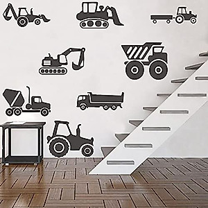 ANFRJJI Construction Vehicle Wall Decal - Excavator Bulldozer Mixer Truck PVC Removable Wall Sticker with 8 City Construction Vehicles - Construction Truck Tractor Peel and Stick for Kids Room Art Murals DecorationsJWH130 (black)