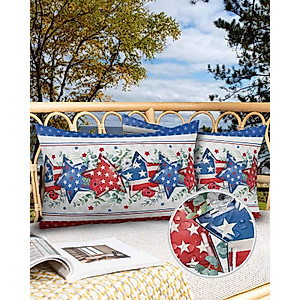 JasmineM Independence Day Star Outdoor Pillow Covers 20x12inch Set of 2, Polyester Waterproof Throw Pillow Covers Garden Cushion Decorative Case for Patio Couch Decoration, Eucalyptus Leaves Blue Red