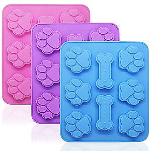 3 Pcs Silicone Molds Puppy Dog Paw & Bone Shaped 2 in 1, 8-Cavity, FineGood Reusable Ice Candy Trays Chocolate Cookies Baking Pans, Oven Microwave Freezer Dishwasher Safe-Pink, Blue, Purple
