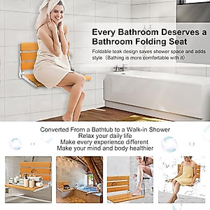 Folding Shower Seat Wall Mounted,16IN Folding Teak Shower Seat for Seniors, Disableds, Pregnants, Maximum Load 400LB [2023 New],Wall Mounted Shower Seat,Shower Seats Folding, Yellow