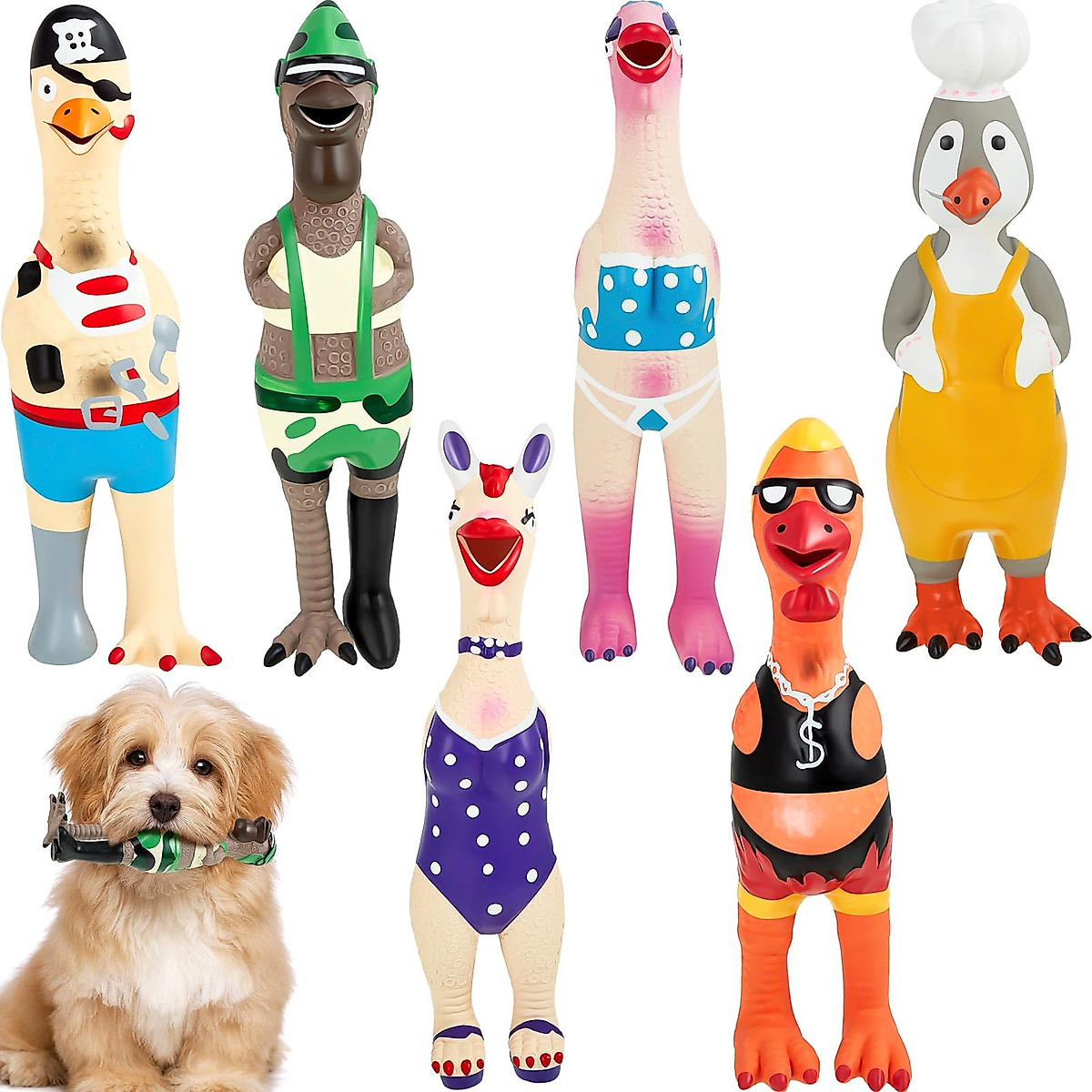 Silipull 6 Pcs Dog Latex Squeaky Toys Chicken Interactive Dog Toy Charming PET Squawkers Earl Captain Jack Durable Latex Chicken Dog Toy Soft Rubber Chew Molar Dog Toys for Small Medium Large Dogs