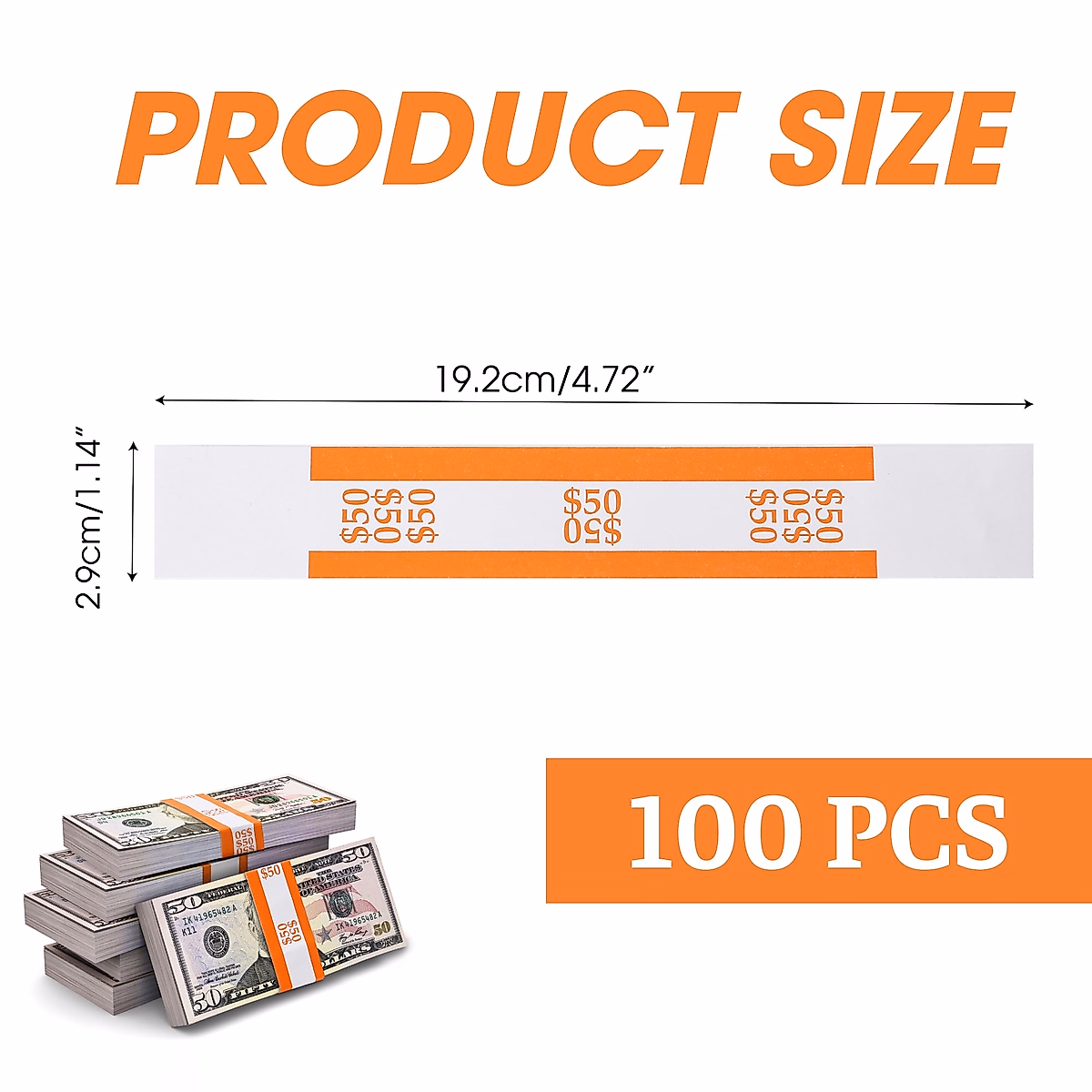 Self-Sealing Currency Straps - Pack of 100 Orange Bands for $50 Bills - Securely Organize and Transport Your Cash