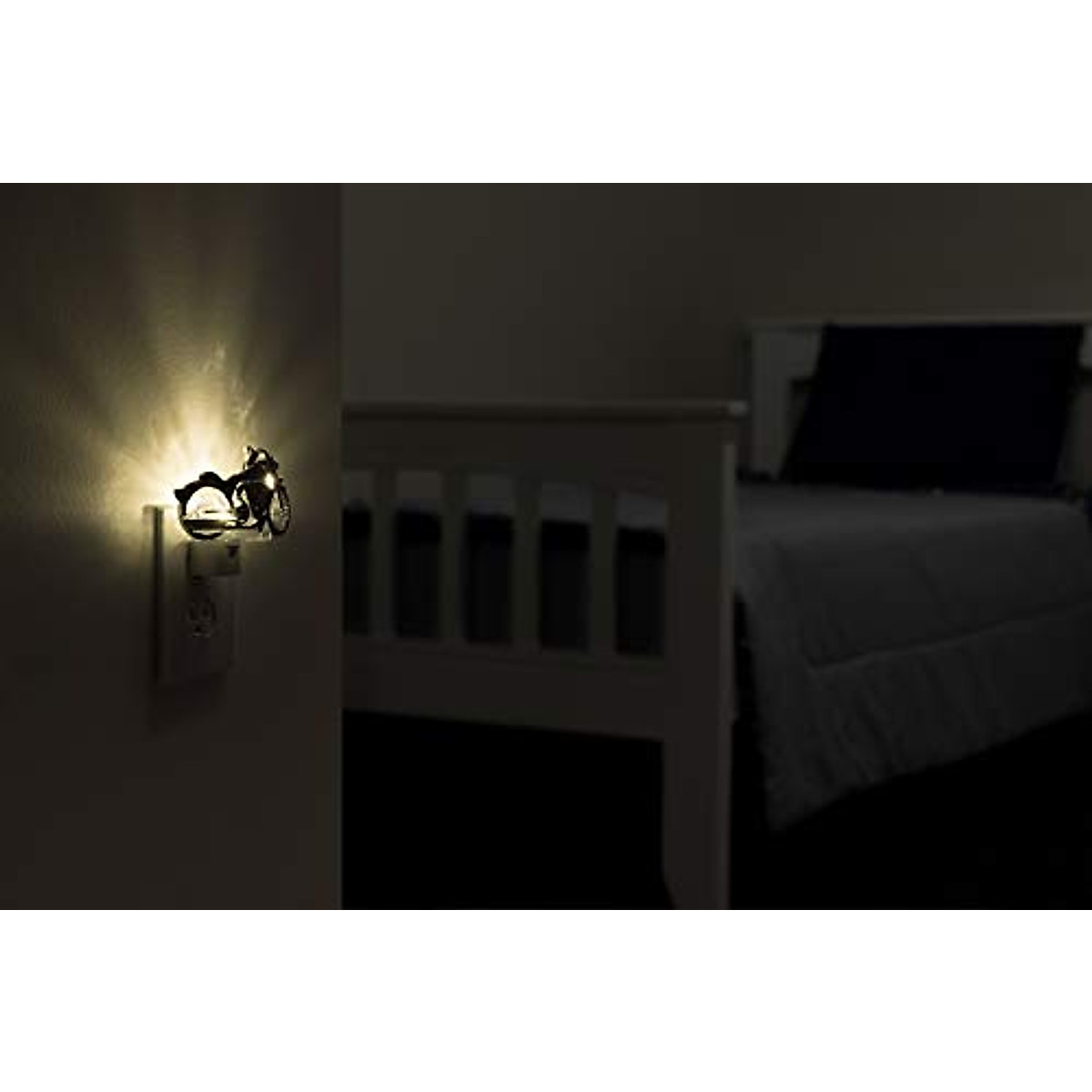 GE LED Motorcycle Night Light, Plug-In, Dusk-to-Dawn Sensor, Auto On/Off, Energy-Efficient, Soft White, Flames & Chrome Design, Ideal for Bedroom, Playroom, Bathroom, & More, Black/Silver, 10904