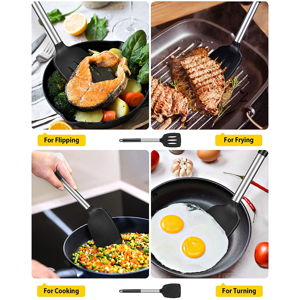 Pack of 2 Silicone Solid Turner ,Non Stick Slotted Kitchen Spatulas ,High Heat Resistant BPA Free Cooking Utensils ,Ideal Cookware for Fish ,Eggs ,Pancakes (Black)
