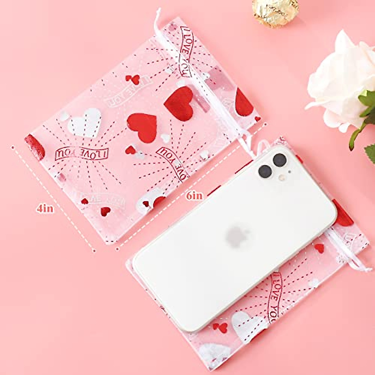 ENNIYU 100PCS Heart Organza Bags, 4x6 Wedding Favor Bags with Drawstring, Premium Mesh Jewelry Gift Bags for Valentines Candy Bags