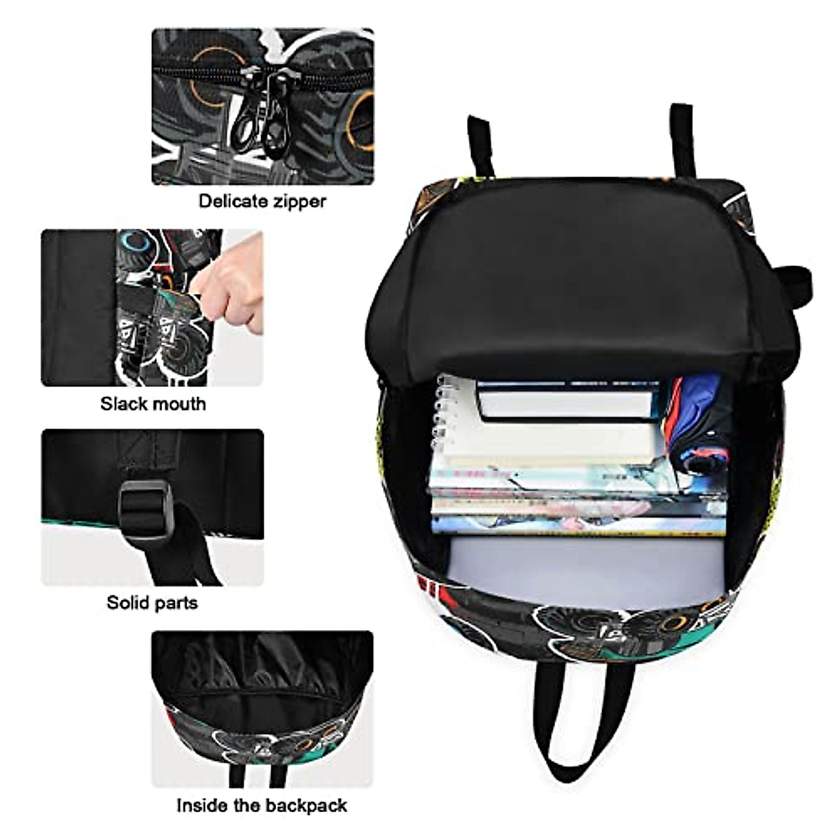 FOLIOSA Cartoon Monster Cars Kids Backpack Lunch Bag Set, Large Capacity Insulated Scratch-Resistant Backpack with Lunch Kit for School Work Suits for 6+ Years Teenager Boys Girls