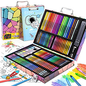 Art Supplies, POPYOLA 180-Piece Deluxe Art Set, Drawing Painting Coloring Kit with Clipboard, Pastels, Crayons, Pencils, Watercolors, Drawing Papers, Arts and Crafts Gift Case for Kids Girls Boys