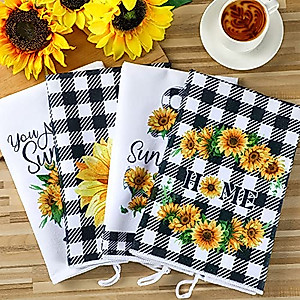 Bencailor 4 Pcs Sunflower Kitchen Towels Decorative Dish Towels Funny Hand Towel Absorbent Kitchen Cloths Buffalo Plaid Tea Towels Housewarming Gifts 16 x 24 Inch (Plaid, Yellow, Sunflower)