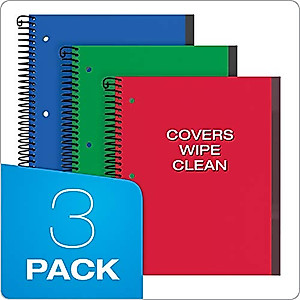 Oxford Spiral Notebook 3 Pack, 3 Subject, Wide Rule, Durable Plastic Covers, Strong Coil, 3 Pockets, 8.5 x 11, 150 Sheets, Red, Green, Blue (89804)