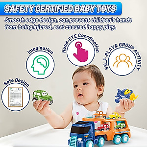 FGSOSO Toys for 1 2 3 4 5 Year Old Boy,7 in 1 Cartoon Vehicles Playset Carrier Car Toy Truck Transport Car with Lights and Melodys,Friction Power Push and Go Toys Car for Toddler Party Birthday Gifts