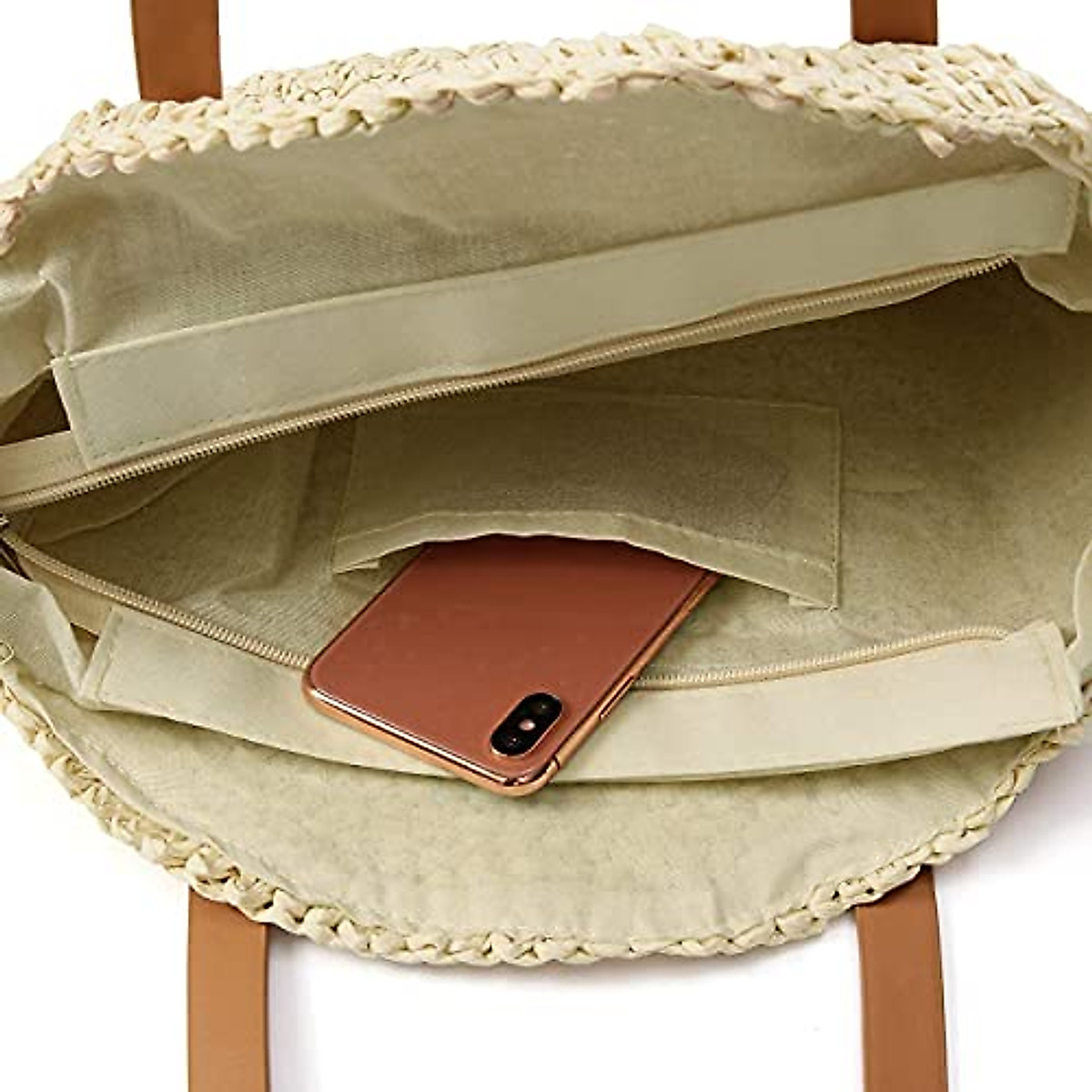 CHIC DIARY Womens Hand-woven Straw Shoulder Bag Large Summer Beach Leather Handles Handbag Tote with Zipper (#02-Beige)