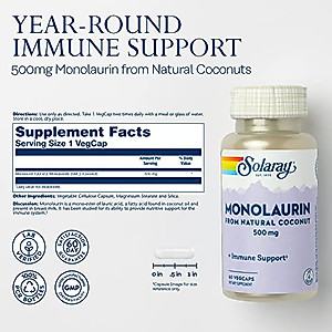 SOLARAY Monolaurin 500mg Immune Support Supplement, from Natural Coconut, Helps Maintain Immune & Gut Health & a Balanced Gut Flora, 60-Day Money Back Guarantee, 60 Servings, 60 VegCaps