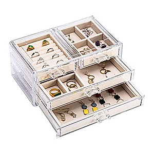 Acrylic Jewelry Box with 4 Drawers, Clear Velvet Jewellry Organizer Case, Earring Rings Necklaces Bangle Bracelets Display Storage Holder, Gift for Women, Girls