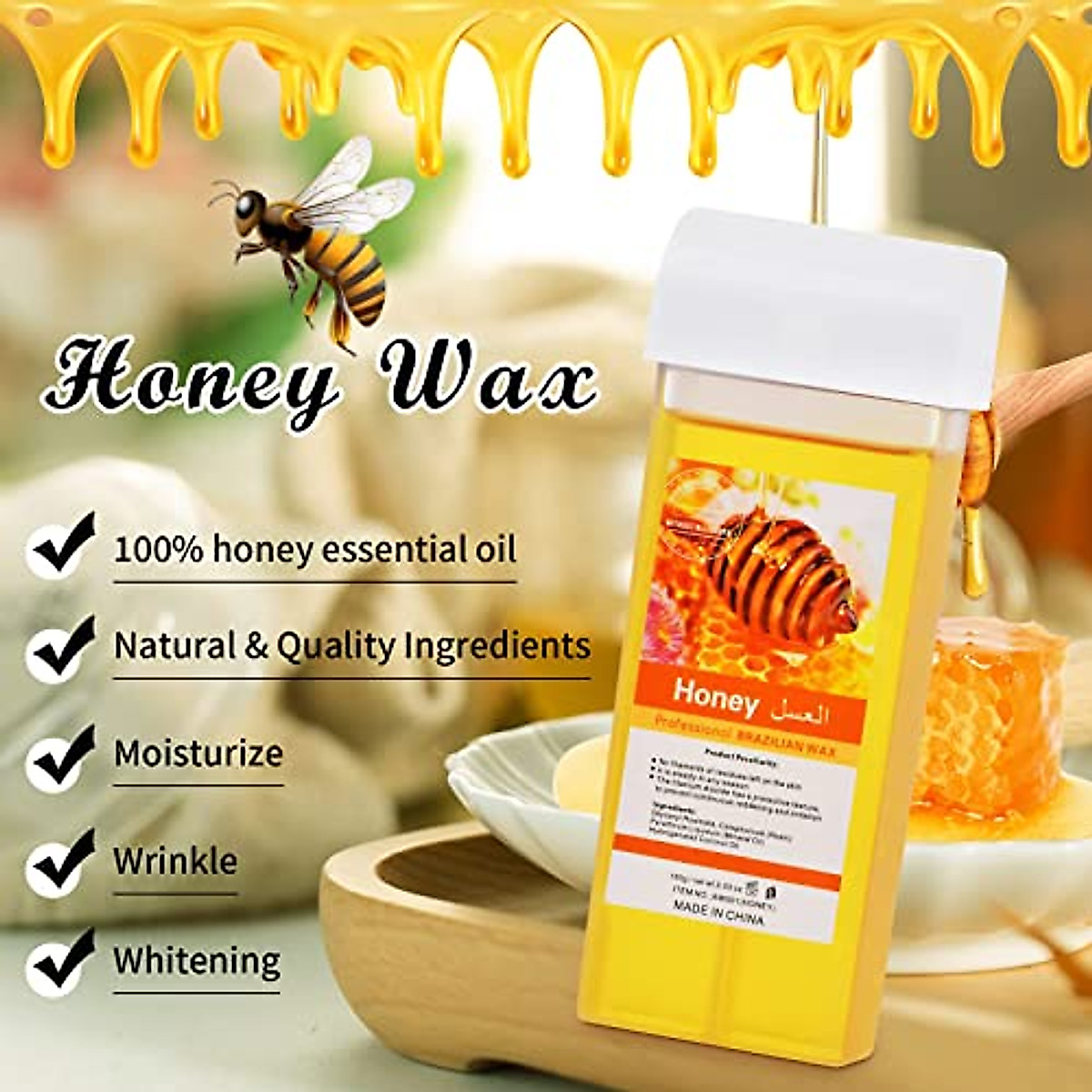 Roll On Wax, Honey Hair Removal Wax Cartridge, Depilatory Wax Roller Refill, Hair Removal Wax Roller, Wax Cartridge Refill for Body Waxing, Leg and Arms (4 Pack)