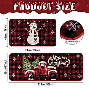 Drydiet 2 Set Buffalo Plaid Christmas Kitchen Rugs Snowman Snowflake Red Truck Kitchen Rug Xmas Non Slip Christmas Kitchen Mat for Winter Home Kitchen Christmas Decor, 17 x 29 Inch and 17 x 49 Inch