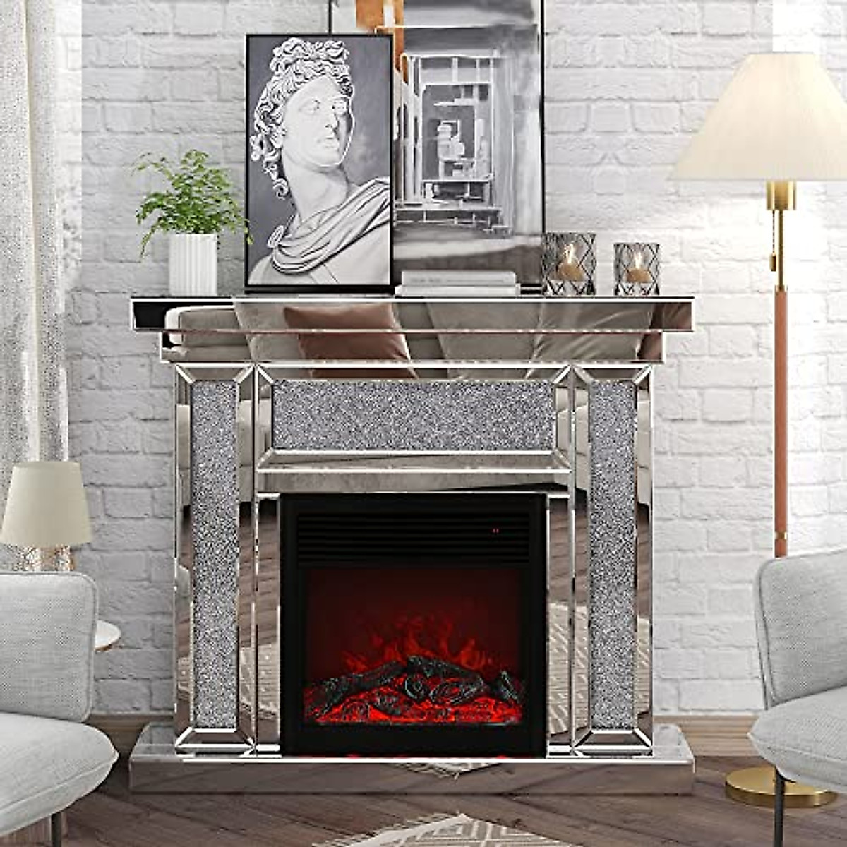 DEINPPA Mirrored Electric Fireplace with Remote Control and Faux Diamonds, Freestanding Mantel Heater Firebox with 3D Flames for Living Room, 1500W Electric Heating Furnace