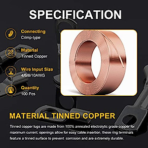 Zhushan 100Pcs Tinned Copper Wire Lugs Kit, Heavy Duty Wire Battery Lugs Cable with 120pcs Heat Shrink Tube,Crimp Battery Cable Ends Tinned,Tubular SC Ring Terminals Connectors