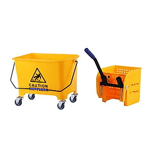 Samger Heavy Duty Mop Bucket with Wringer on Wheels, 5 Gallon Plastic Tandem Mopping Bucket, 21 Quart Portable Mop Bucket for Household Commercial Use Yellow
