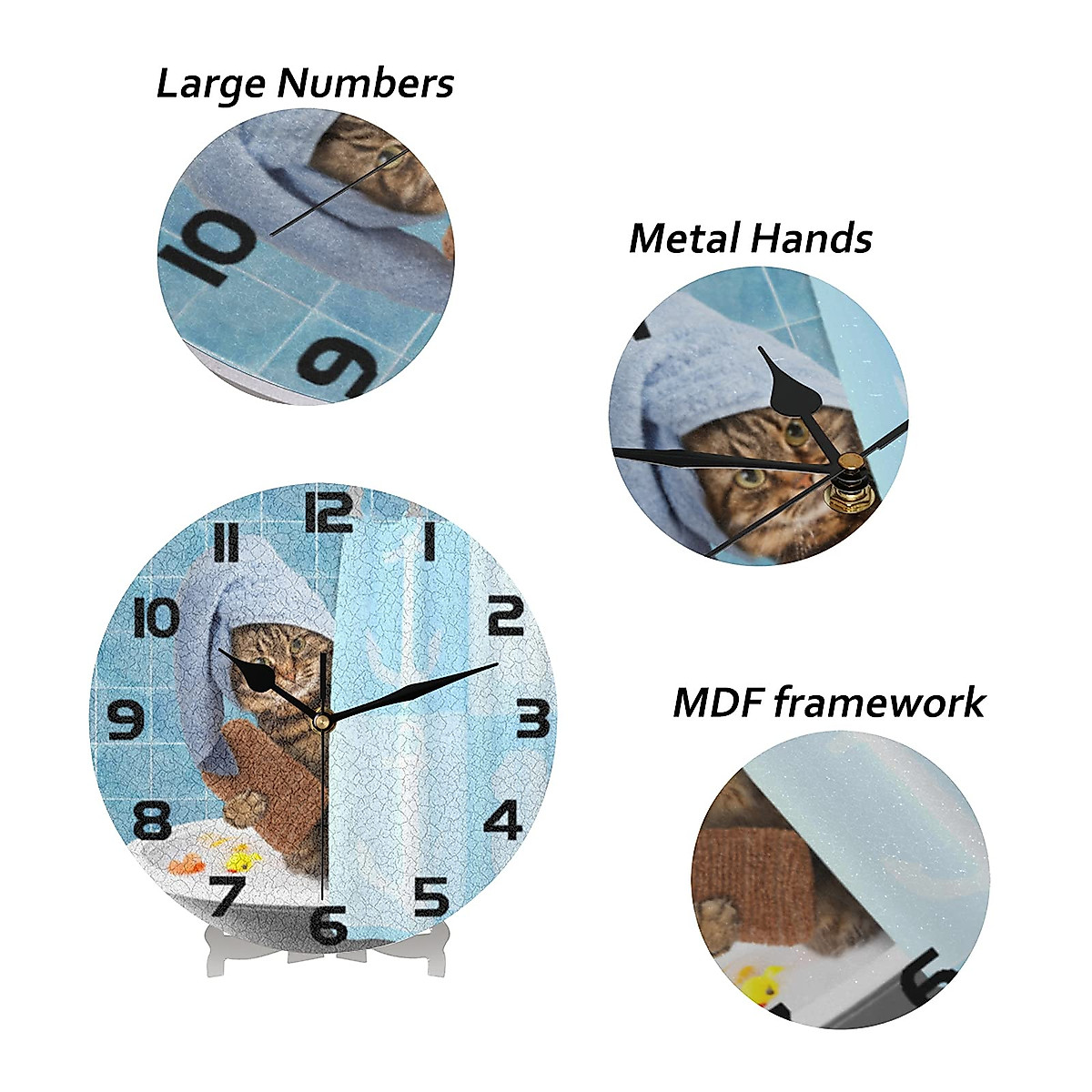 Wall Clocks for Living Room Decor 10 Inch Silent Non-Ticking Wall Clocks Battery Operated Round Hanging Clock Real Wood for Home/Office/Kitchen/Classroom/School Cat Pattern