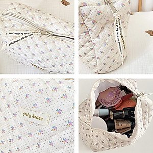 Dalulu Kawaii Floral Makeup Bag Coquette Aesthetic Cosmetic Bag Large Travel Make up Organizer Cute Pouch Cotton Quilted Toiletry Bag for Women Girls Kawaii Stuff (M-Beige Flowers)
