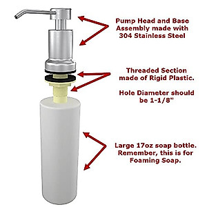 Ultimate Kitchen™ – Built-in FOAMING Soap Dispenser for Kitchen and Bathroom Countertop | Stainless Steel Foam Soap Pump with 17oz Under Counter Bottle | Installs Quickly | Satin Finish
