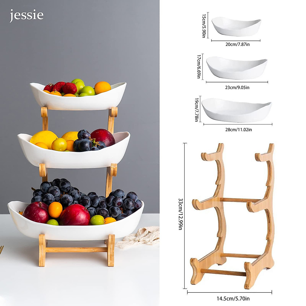 jessie 3 Tier Fruit Basket,Ceramic Large Capacity Tiered Fruit Basket Stand,Bamboo Fruit Basket Fruit Serving Tray Snacks Nuts Bread Candy Storage Holder (White porcelain)