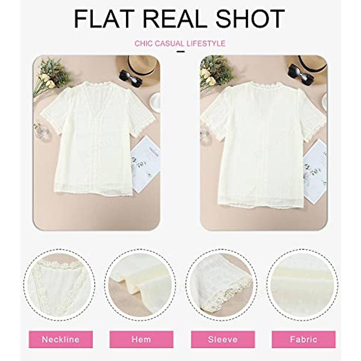 Dokotoo Womens Ladies Summer Fall Sexy Lace Crochet V Neck Short Sleeve Pom Pom Boho Shirts 2024 Spring Casual Loose Solid Chiffon Blouses for Women Tops Apricot XL