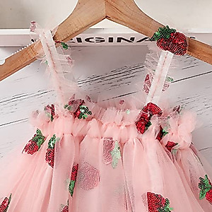 Toddler Baby Girls Tutu Dress Sleeveless Floral Print Layered Tulle Dress Little Girl Princess Dresses with Flower Headband (Strawberry, 1-2 T)