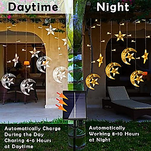 Solar Curtain Lights Outdoor Star and Moon Light 138 LED Waterproof Fairy String Lights Solar Powered 8 Modes Hanging String Lights for Window Fence Tent Garden Patio Home Outdoor Decor (Warm)