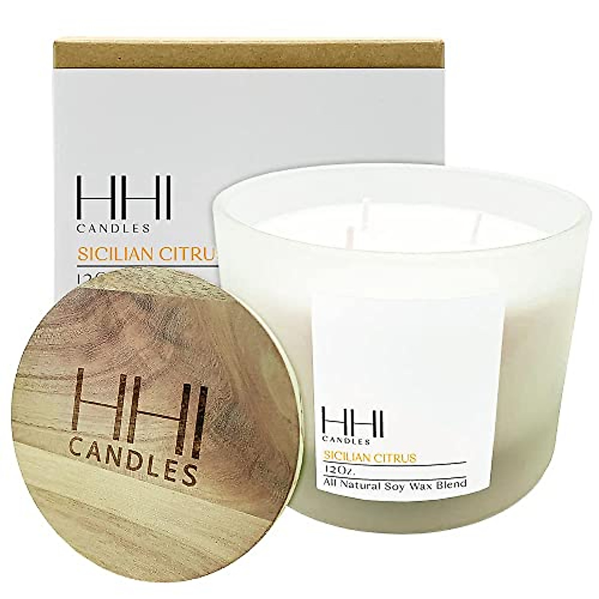 HHI Citrus Candle | A Blend of Lemon, Orange, Lime and Eucalyptus | Sicilian Citrus | All Natural Soy Candle | Large 12 Ounce Three Wick Candle | Long burn time | includes Bamboo Lid and Gift Box