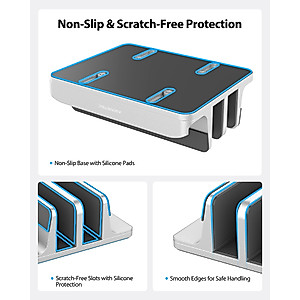 AboveTEK Vertical Laptop Stand 3 Slots for Computer, Tablet, Phone - Fits All Laptop Models (up to 17.3") - Heavy Duty Polished Aluminum Desktop Holder - Anti Slide Silicone Grips - Silver