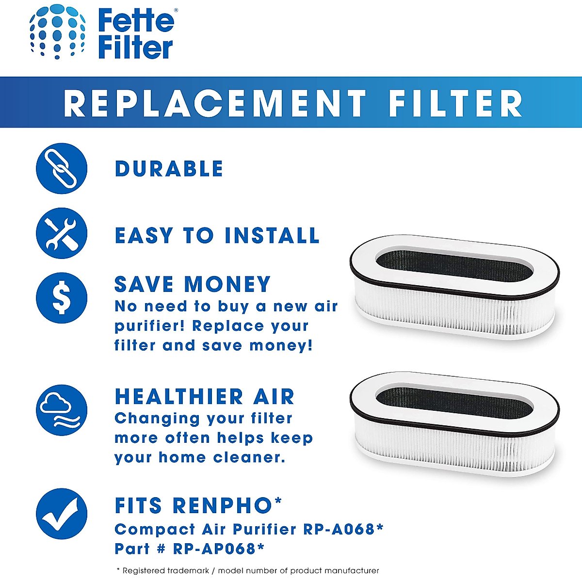 Fette Filter - RP-AP068 Replacement Filter, Compatible with RENPHO Air Purifier RP-AP068 RP-AP068W RP-AP068B RP-AP068-F2 Filter, 3-in-1 H13 Grade True HEPA Filters - Pack of 2
