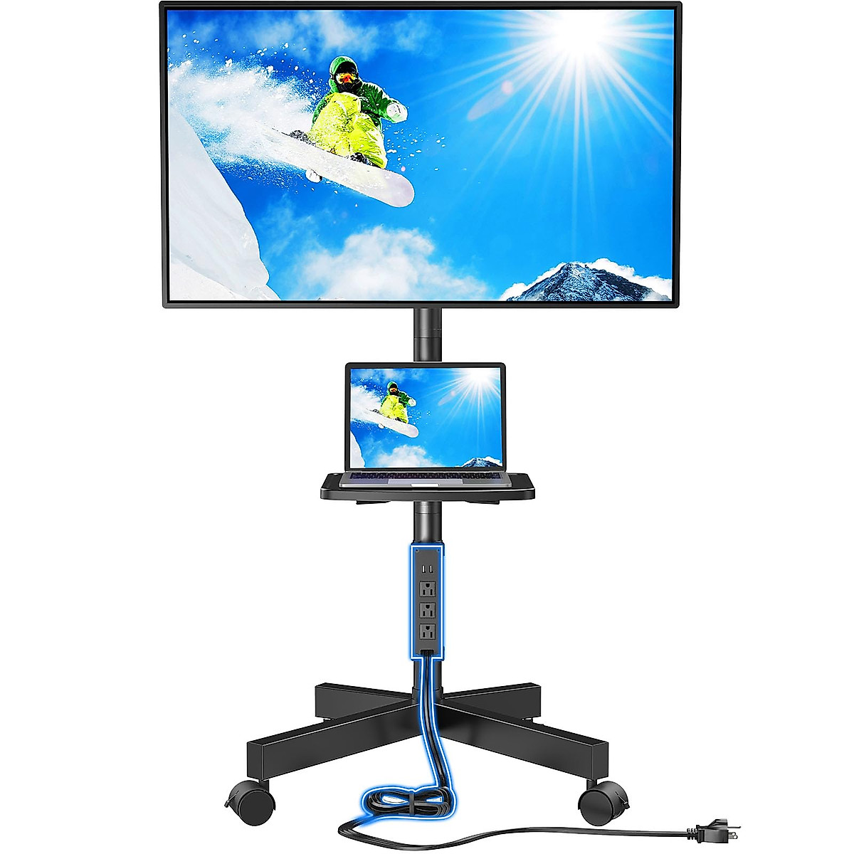 HUANUO Rolling TV Stand with Power Outlet, Mobile TV Stand for 23-60 Inch Flat/Curved LED/LCD/OLED TVs up to 88 lbs, TV Cart Height Adjustable Portable TV Stand on Wheels Max VESA 400x400mm- HNTVMC02