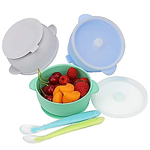 KingKam Baby Bowls and Spoons, Suction Bowls for Baby, Toddler Self-Feeding Set, Leak-Proof Silicone Bowls with Lid, Dishwasher & Microwave Safe