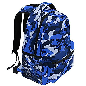 ZZKKO Camo Camouflage Blue School Backpacks Book Bag for Boys Girls Travel Hiking Camping Daypack Work Laptop Backpack